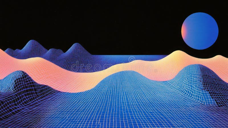 Abstract Digital Landscape with Grid Patterns and a Glowing Sun Stock ...