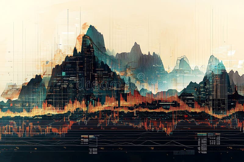 An Abstract Digital Landscape of Mountains and Cityscapes, Composed ...