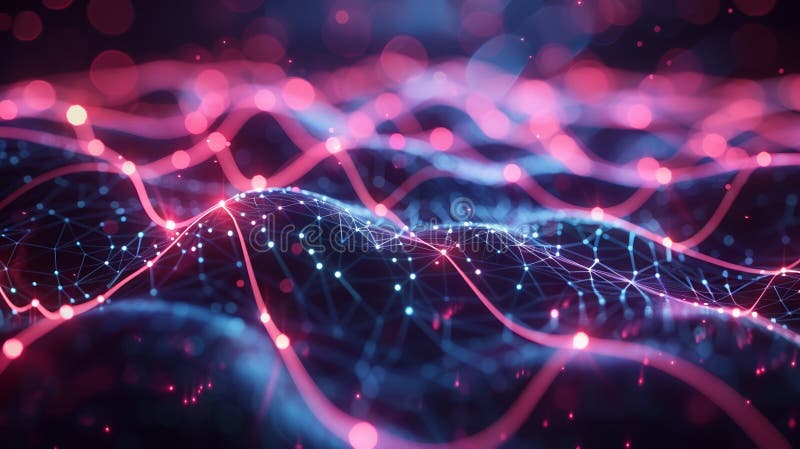 Abstract Digital Landscape with Pink and Blue Lines and Dots Forming a ...