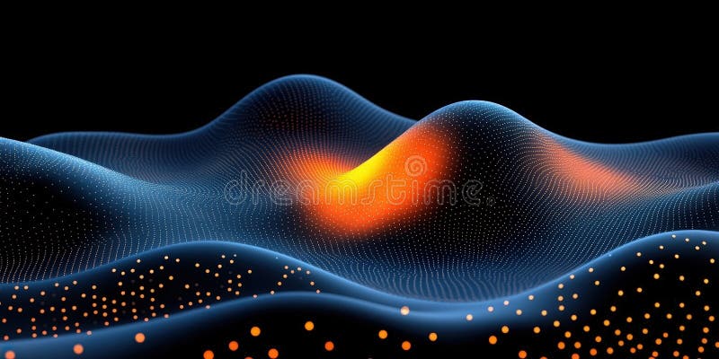 Abstract Digital Landscape with Waves and Bright Points in Black ...