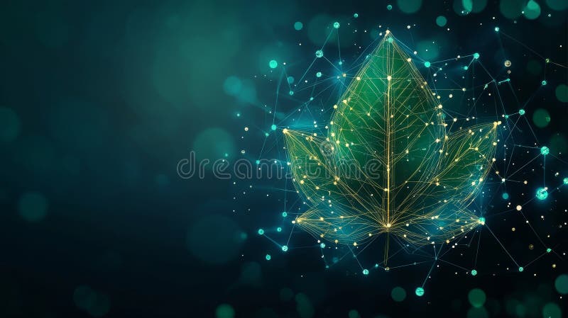 Abstract Digital Leaf on Green Tech Background Sustainability Icon with ...