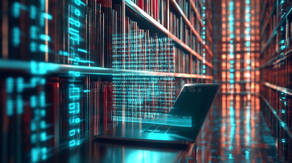 Digital Library Bookshelf Laptop Coding Data Technology Abstract ...