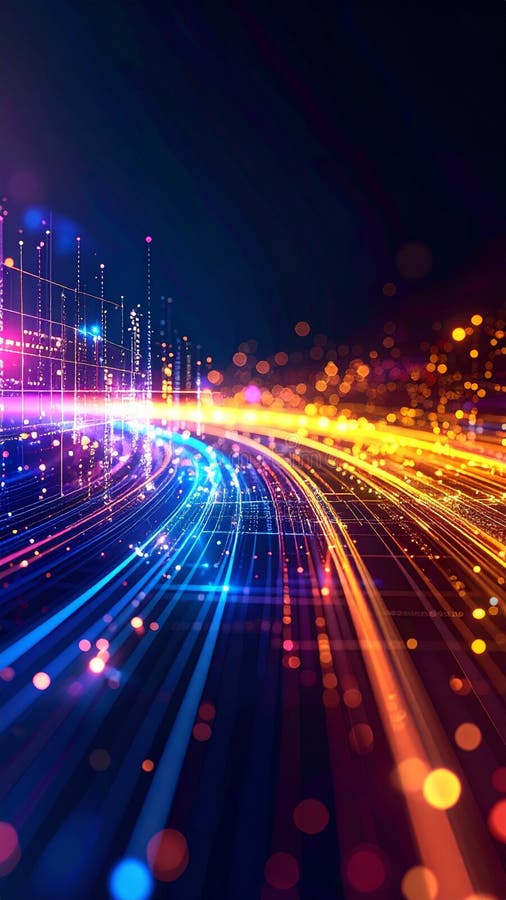 Abstract Digital Light Streaks with Bokeh and Grid Pattern, Representing Data Flow and ...