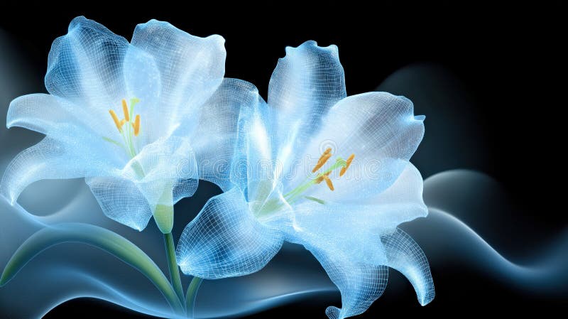Abstract Digital Lily Flowers on Black Background with Elegant Blue ...