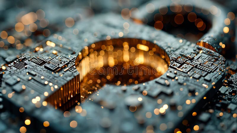 Abstract Digital Lock Symbol Composed of Black Circuitry and Glowing ...