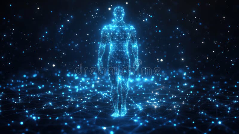 Abstract Digital Man Figure, Walking on a Network Background ...