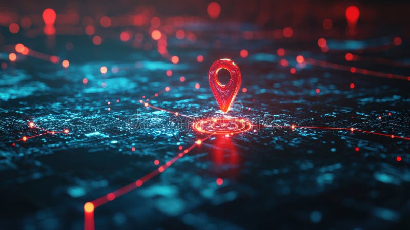 Abstract Digital Map with Illuminated Location Pin and Network Lines ...