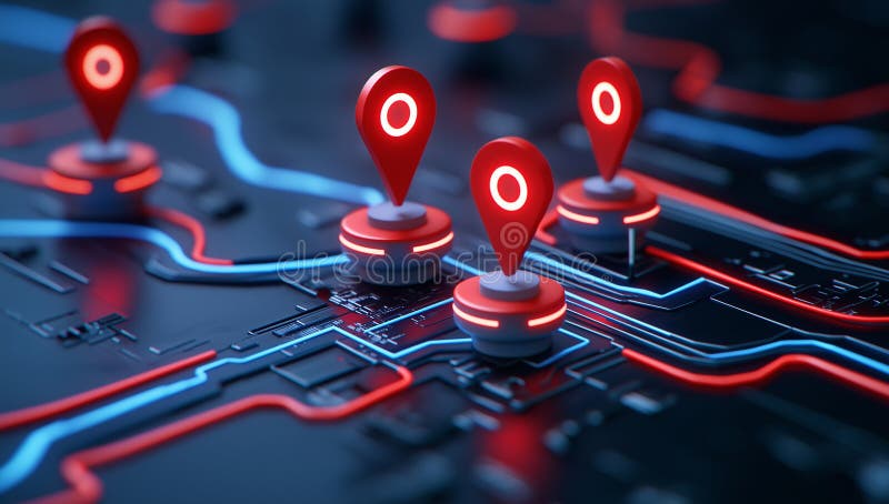 Abstract Digital Map with Location Pins Featuring Glowing Red Markers ...