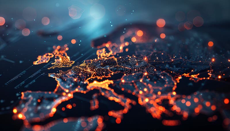 Abstract Digital Map of Scandinavia with Glowing Connections Global ...