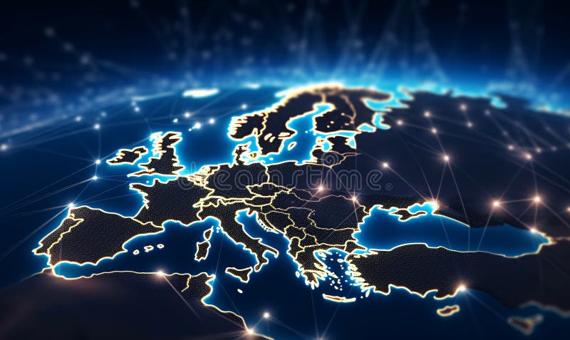 Abstract Digital Map of Western Europe, Concept of Global Network and ...