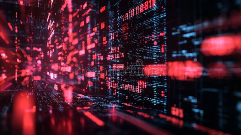 Abstract Digital Matrix with Red Binary Code and Glowing Lines Stock ...
