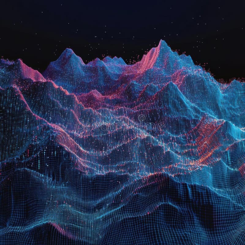 Abstract Digital Mountain Range with Glowing Lights Stock Photo - Image ...