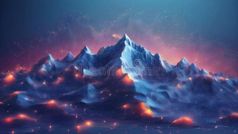 Abstract Digital Mountains Range Landscape with Glowing Light Dots ...