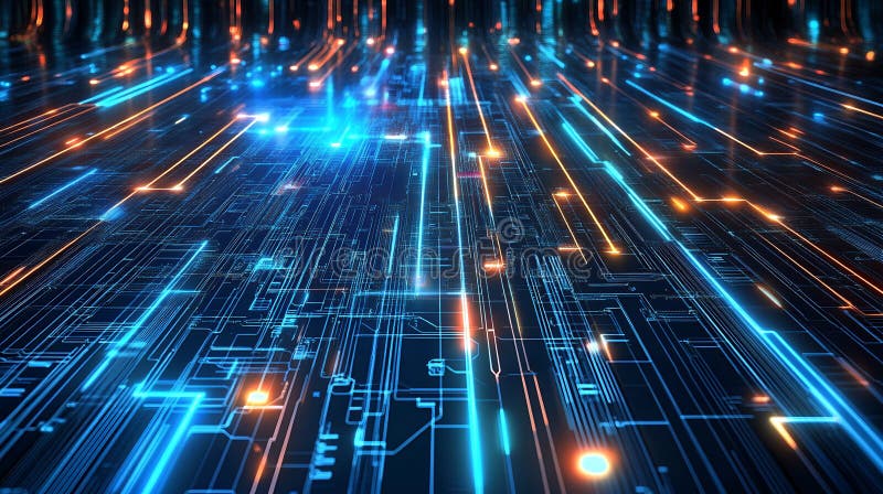 Abstract Digital Network with Blue Orange Lights Stock Illustration ...