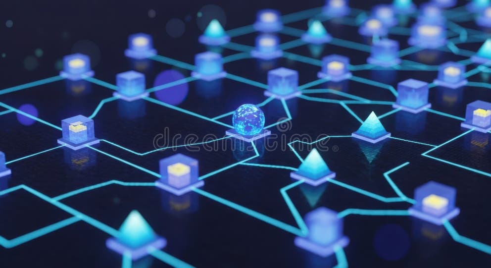 Abstract Digital Network Connections Blockchain Technology Data Flow Futuristic Glowing Nodes ...