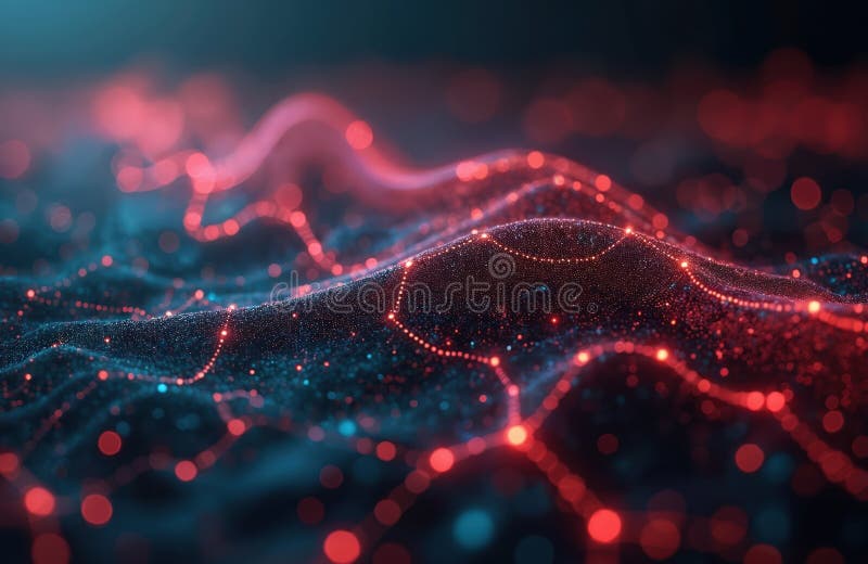 Abstract Digital Network Data Flow Visualization Red Glowing Nodes Connected With Lines
