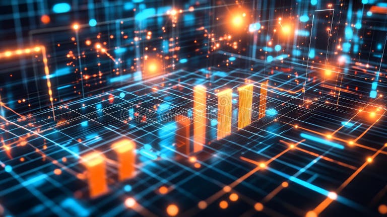Abstract Digital Network Data Visualization with Glowing Orange Bar ...