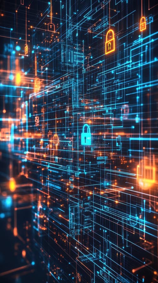 Abstract Digital Network with Glowing Lock Icons Stock Illustration ...