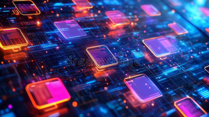 Abstract Digital Network with Glowing Neon Squares Stock Illustration ...