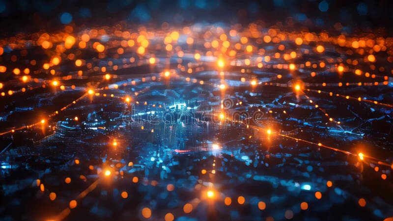 Abstract Digital Network with Glowing Orange and Blue Nodes Connected ...