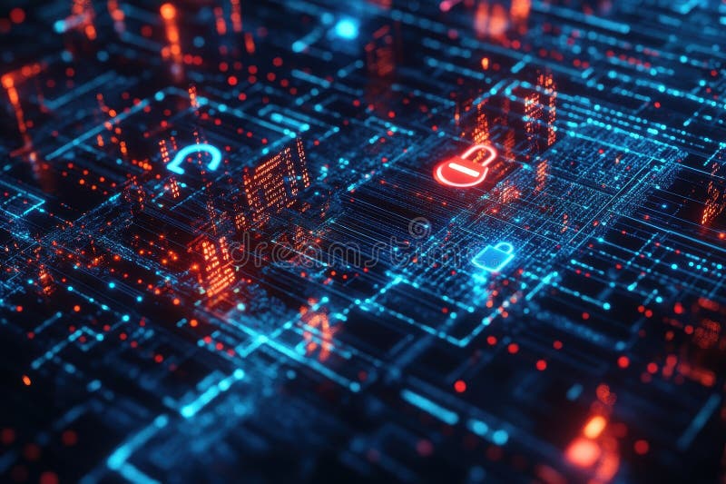 Abstract Digital Network with Glowing Padlock Icons Stock Illustration ...