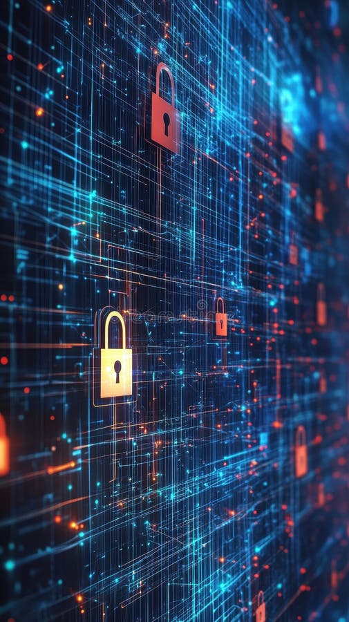 Abstract Digital Network with Glowing Padlocks Stock Illustration ...