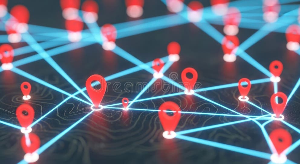 Abstract Digital Network of Glowing Red Location Pins Connected by Luminous Blue Lines on a Dark ...