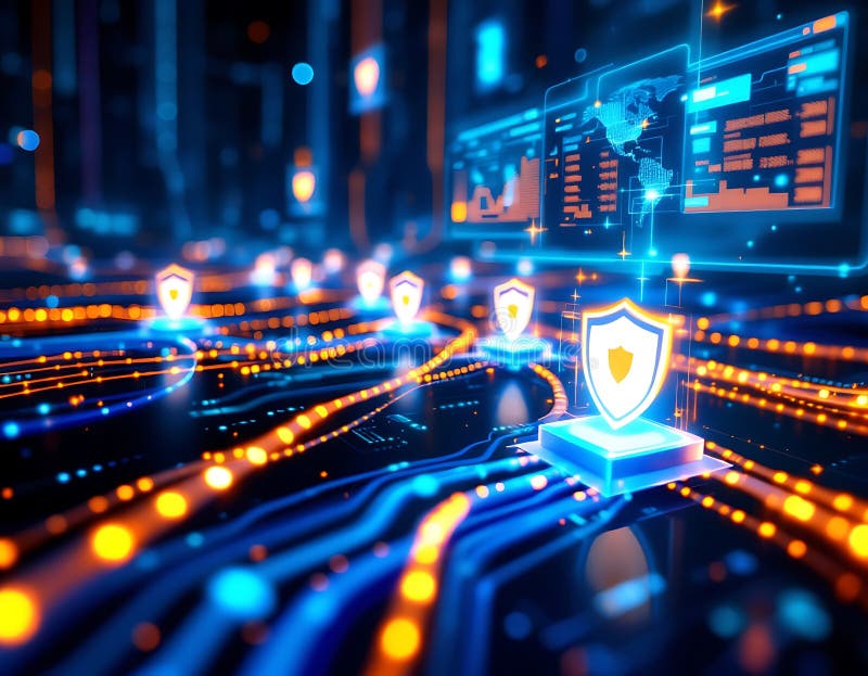 Glowing Shields Protecting Data Flow on a Futuristic Network Stock ...