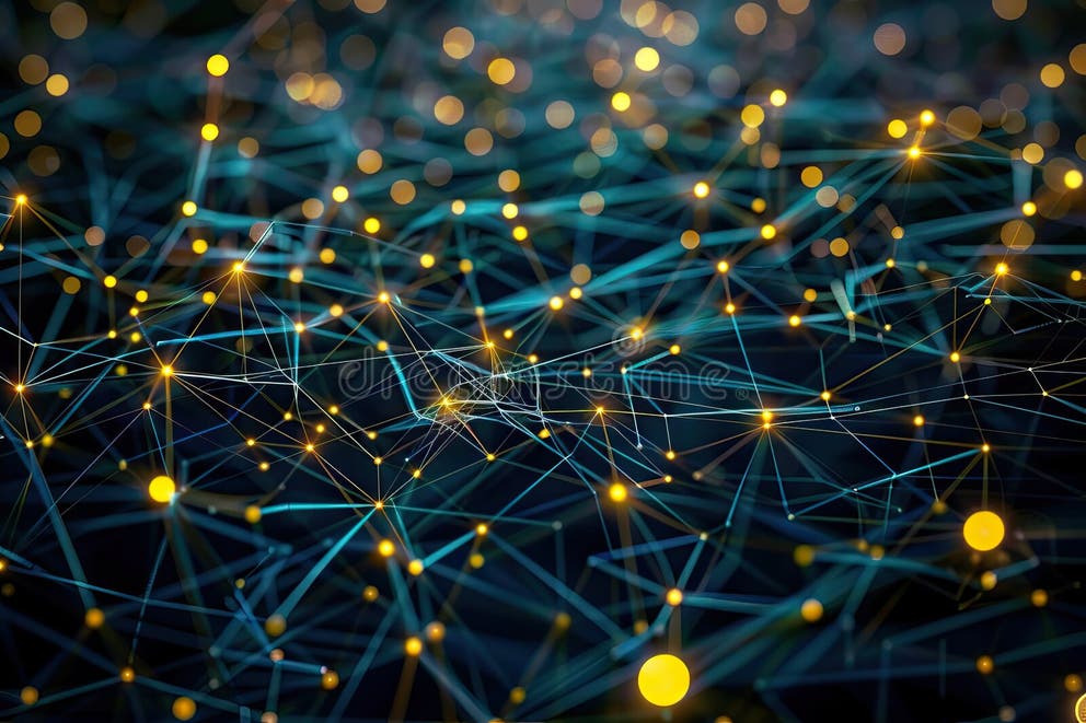 Abstract Digital Network with Glowing Yellow Nodes and Connecting Lines ...