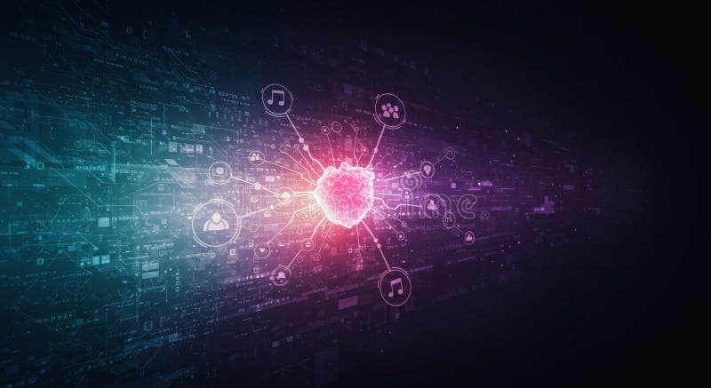 Abstract Digital Network with Illuminated Brain Centerpiece Stock ...