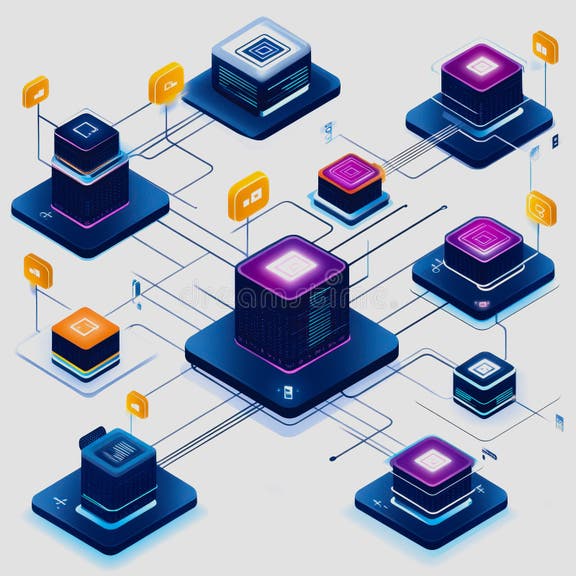Abstract Digital Network Illustration Featuring Interconnected Data Servers with Vibrant Icons ...
