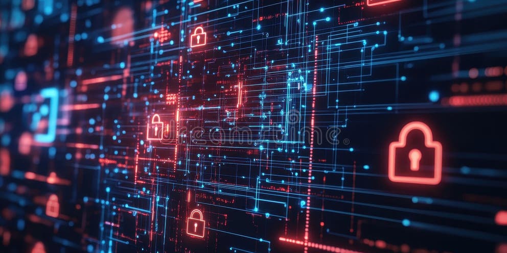 Abstract Digital Network with Red and Blue Lock Icons Stock ...