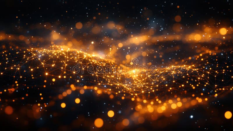 Abstract Digital Network Wave with Golden Particles and Bokeh Effect ...