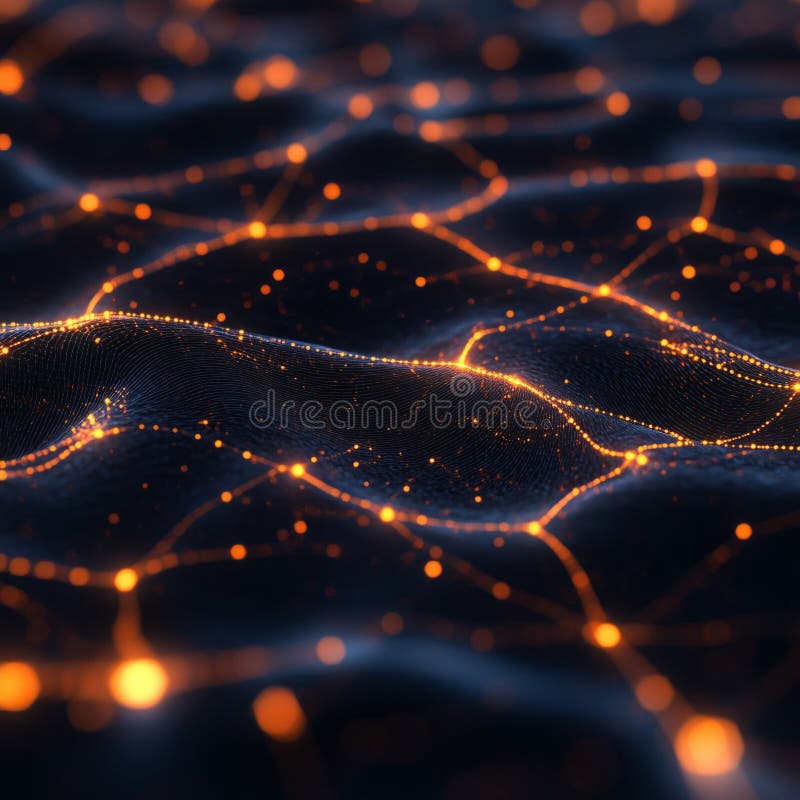Abstract Digital Network Waves with Glowing Orange Connections in Dark ...