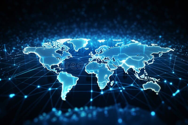 Global Network on Glowing Digital World Map on Dark Blue Background ...