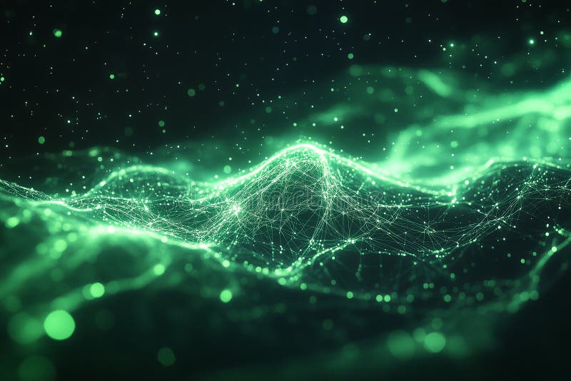 Abstract Digital Neural Network with Smooth Bright Green Waves and ...