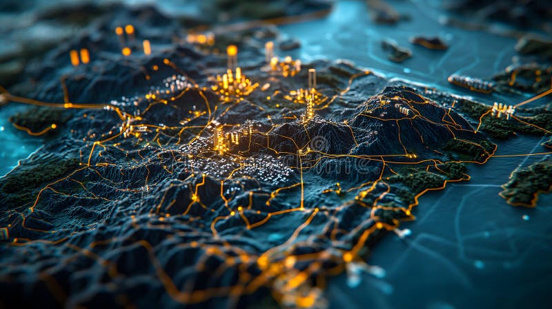 Abstract Digital Night Map Glowing City Lights and Technological ...