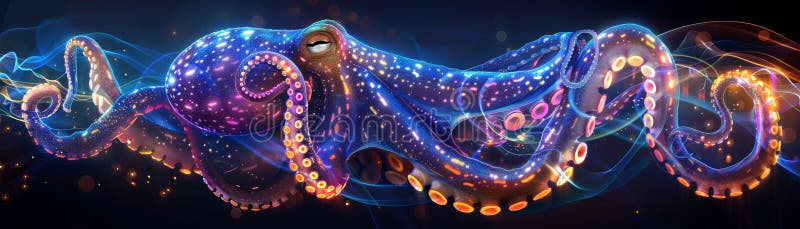 Abstract Digital Octopus with Glowing Tentacles in a Dark Blue ...