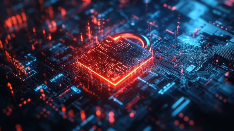 Abstract Digital Padlock Glowing Red and Blue on Circuit Board Stock ...