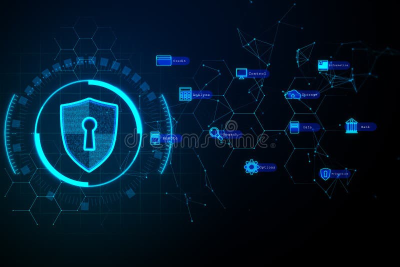 Abstract Digital Padlock Interface on Blurry Dark Background. Safety ...