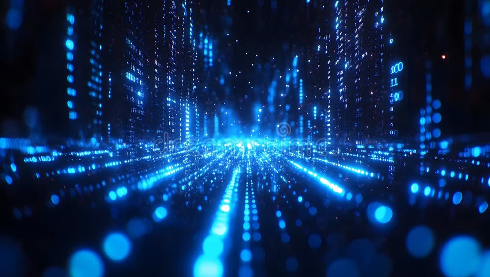 Abstract Digital Particle Matrix with Glowing Blue Lights Binary Code ...
