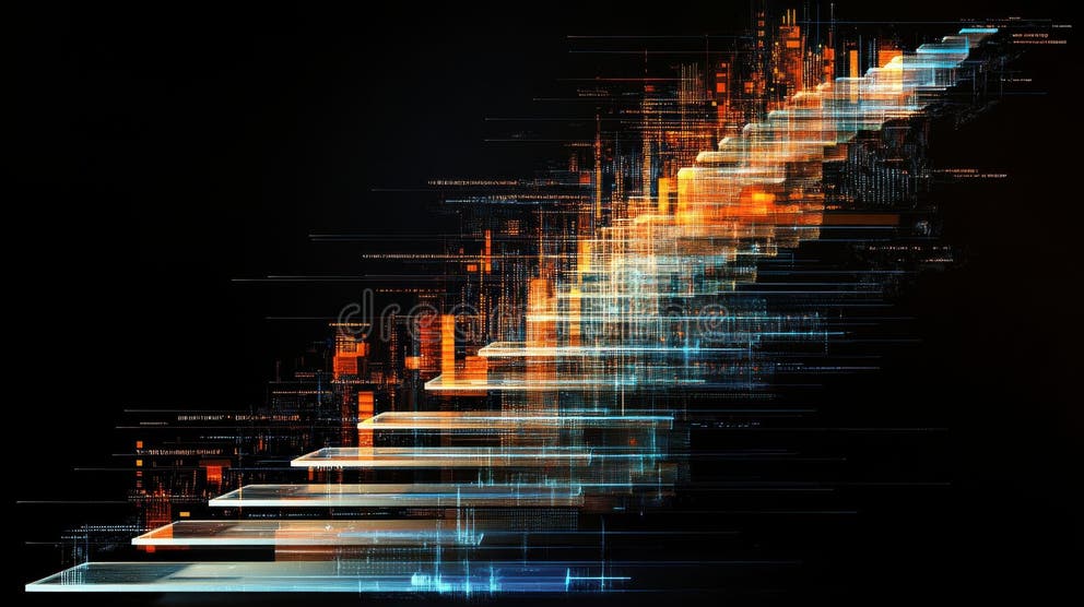 Abstract Digital Pathway with Orange and Blue Light Streaks. Big Data ...