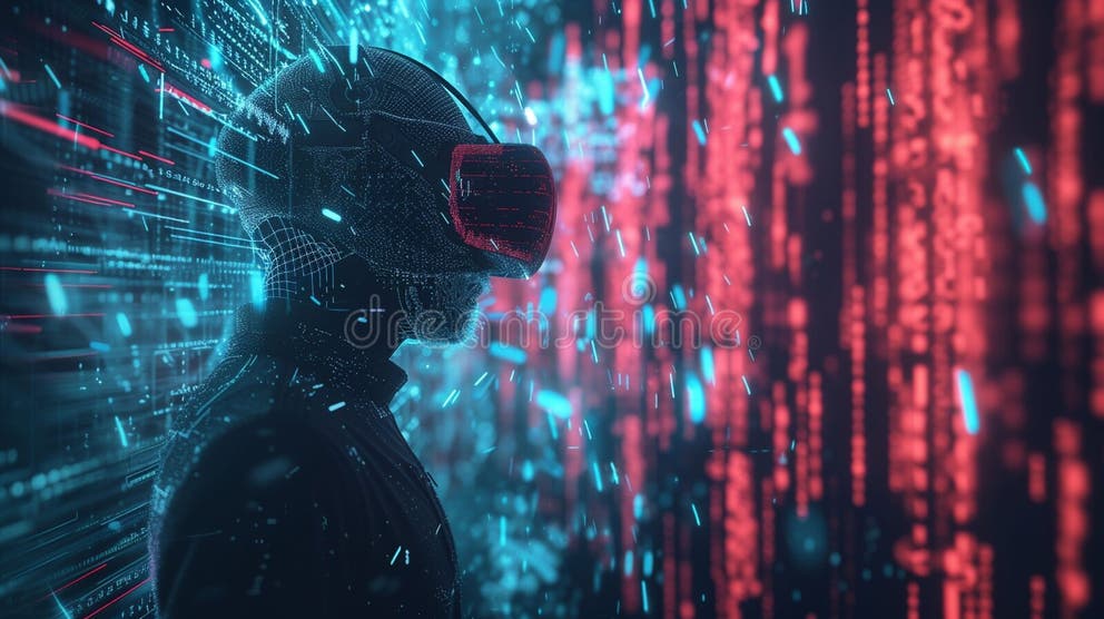 Digital Person Wearing Virtual Reality Headset in Front of a Digital ...