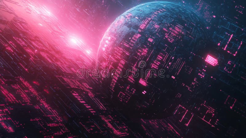 Abstract Digital Planet Glowing with Pink and Blue Neon Lights Stock ...
