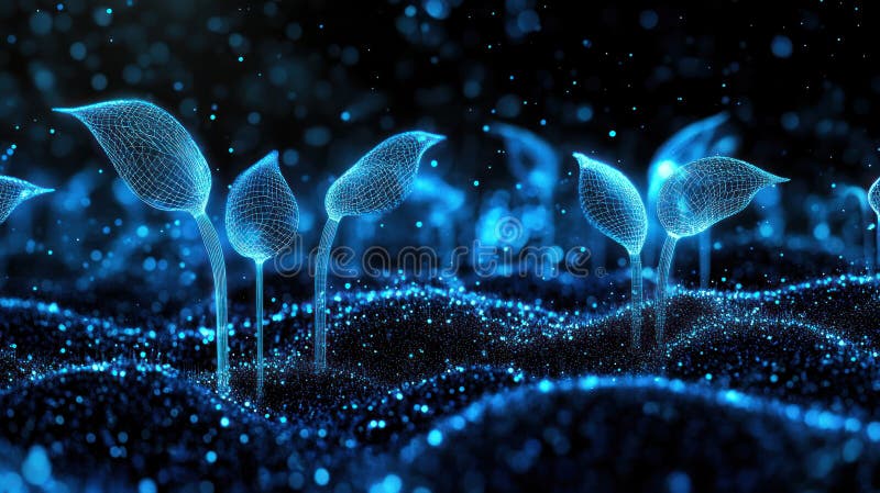 Abstract Digital Plants Growing in Dark Virtual Soil Stock Illustration ...