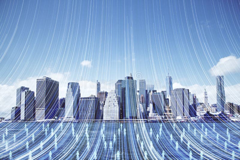 Abstract Digital Population Hologram on Creative City Backdrop. Cyber ...