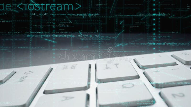 Abstract Digital Programming Concept with Keyboard, Data Streams, Code Lines, and Glowing Visual ...