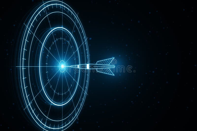 Abstract Digital Radar and Arrow Design in Neon Blue on Dark Background ...
