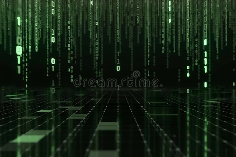 Abstract Digital Rain Background with Binary Code Stream and Reflecting ...