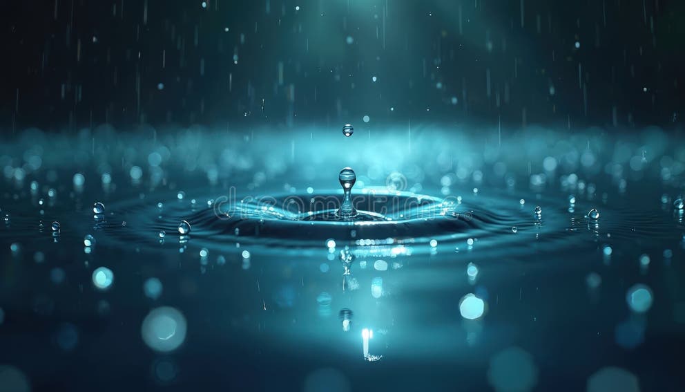 Abstract Digital Raindrops Create Ripples in Virtual Pond. Drops Splash ...